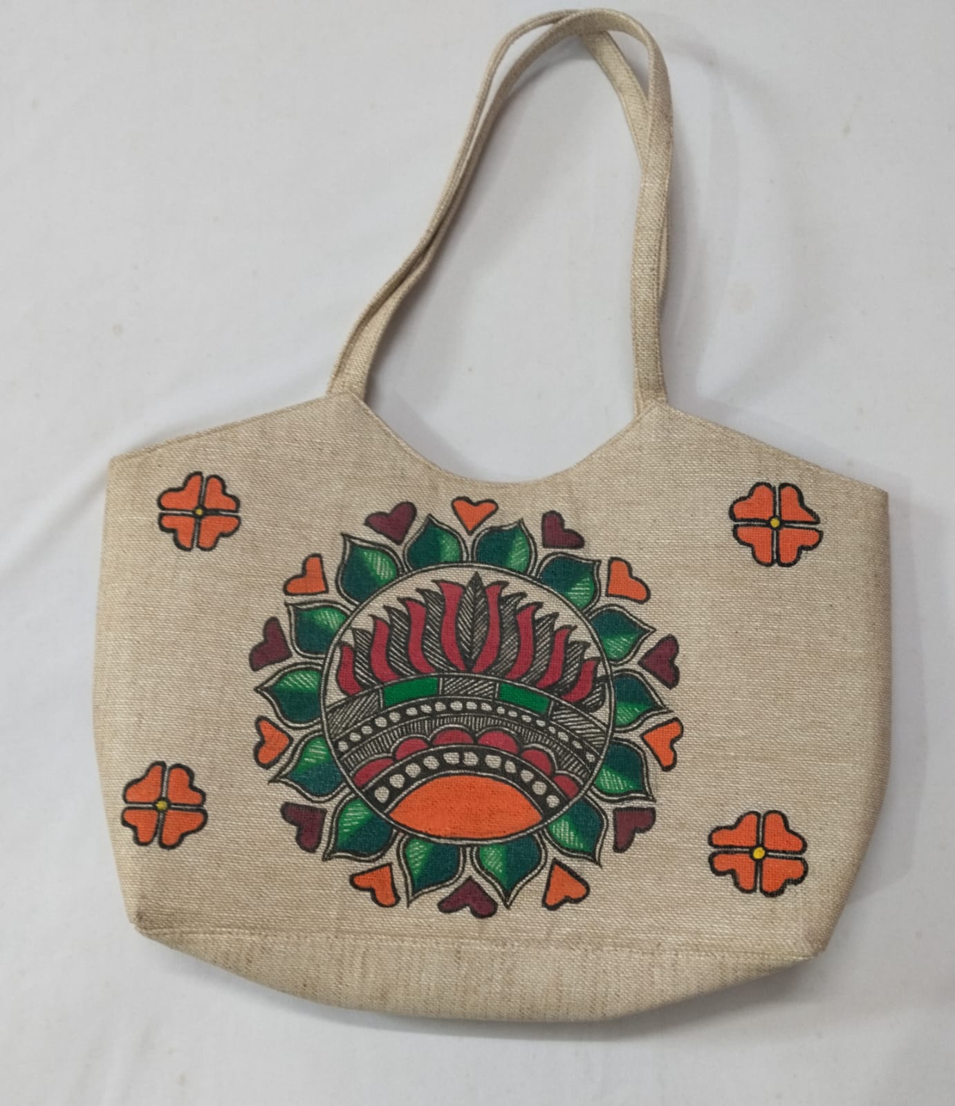 Hand-Painted Jute Jhola Bag – Madhubani Border Design - directcreate.com