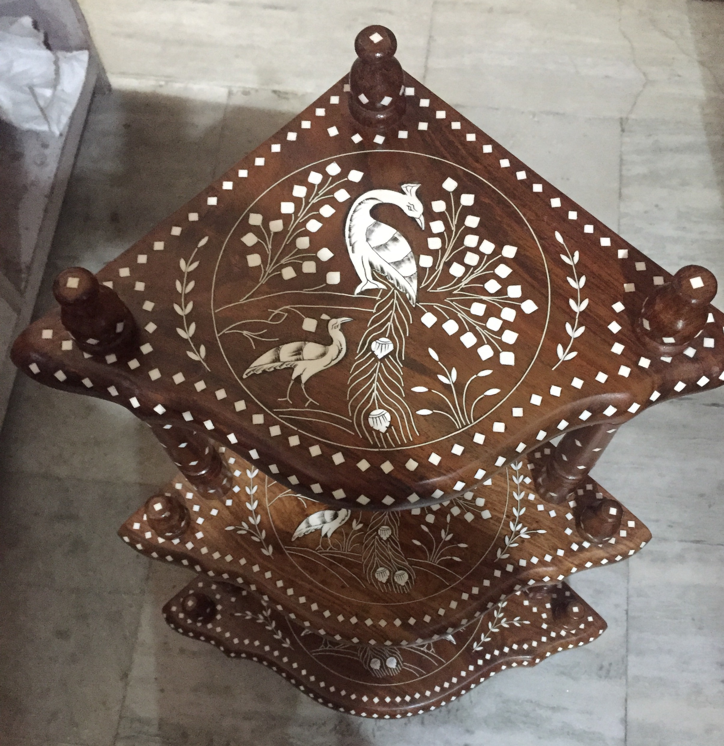 wooden inlay steps corner with peacock - directcreate.com