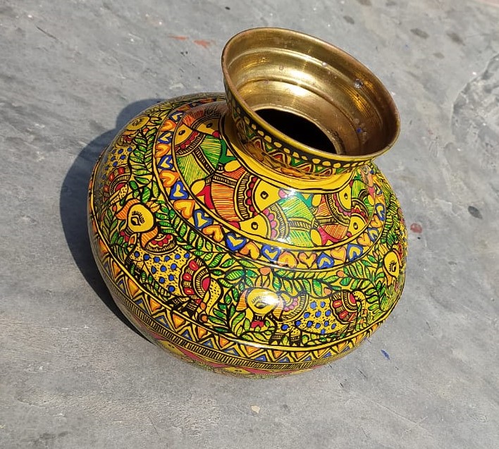 Brass Water Pot with Madhubani art allover - directcreate.com