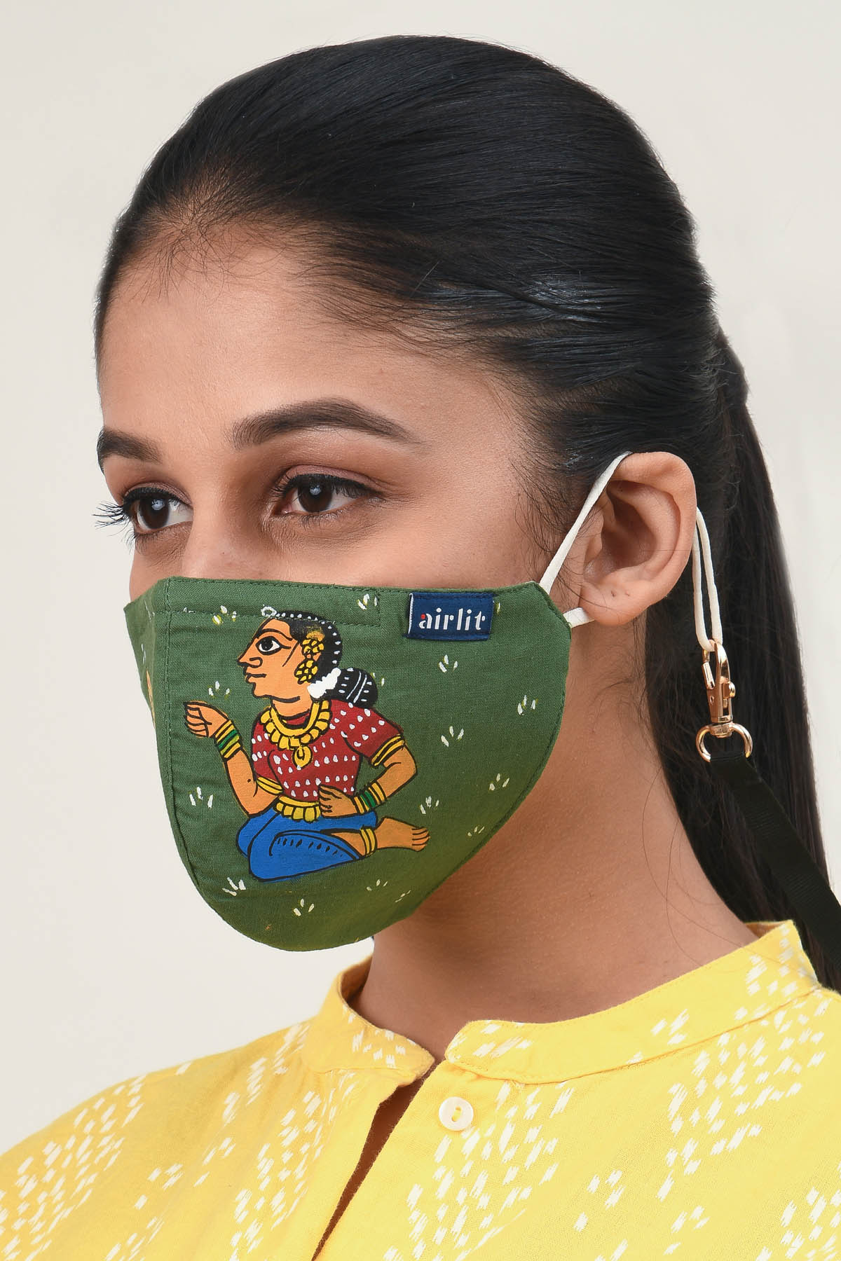 CHAUSAR cheriyal scroll hand painted cotton Reusable Mask/4 Layer ...
