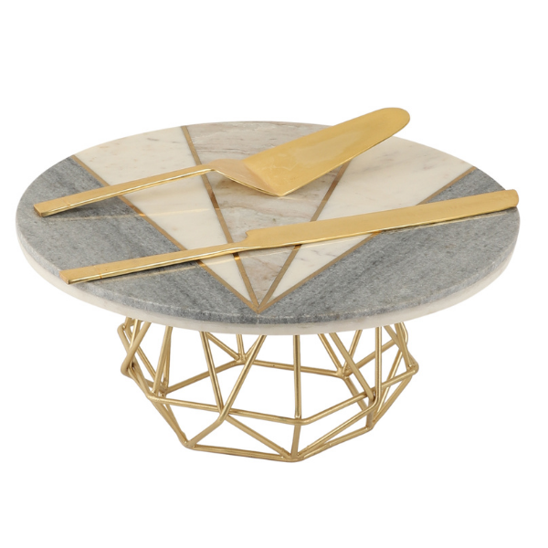 NikkisPride Cake Stand With Gold Finish Metal Base Tri-Color Marble Top ...