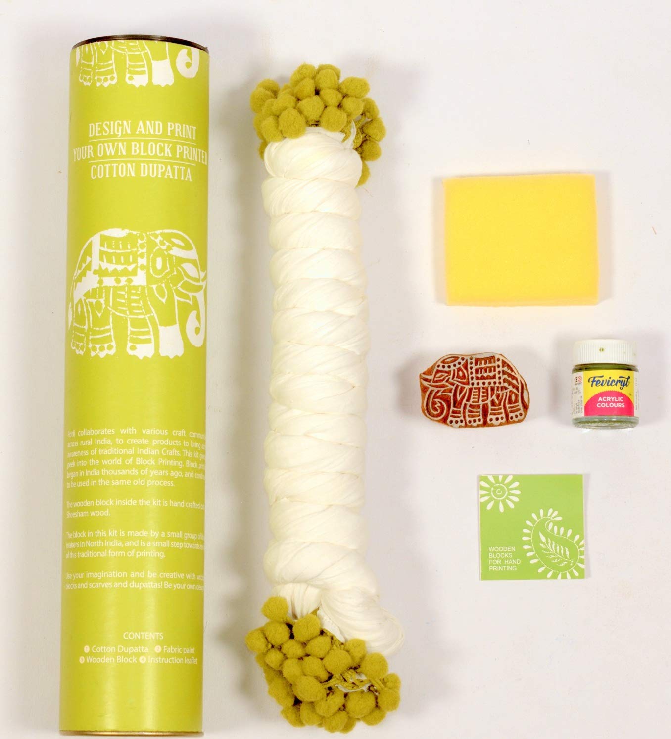 POTLI DIY Craft Kit (for All Ages) Block Print Your Own Dupatta - Leaf ...
